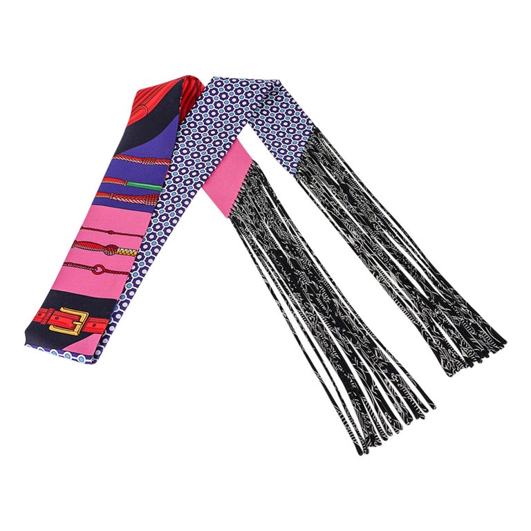 Hermes Twilly Fringe Clic Clac Modern Cannage Rose Vif/Blue/Black New w ...