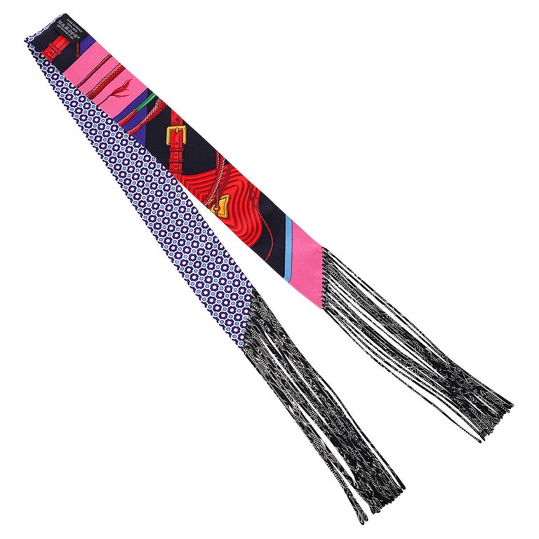 Hermes Twilly Fringe Clic Clac Modern Cannage Rose Vif/Blue/Black New w ...