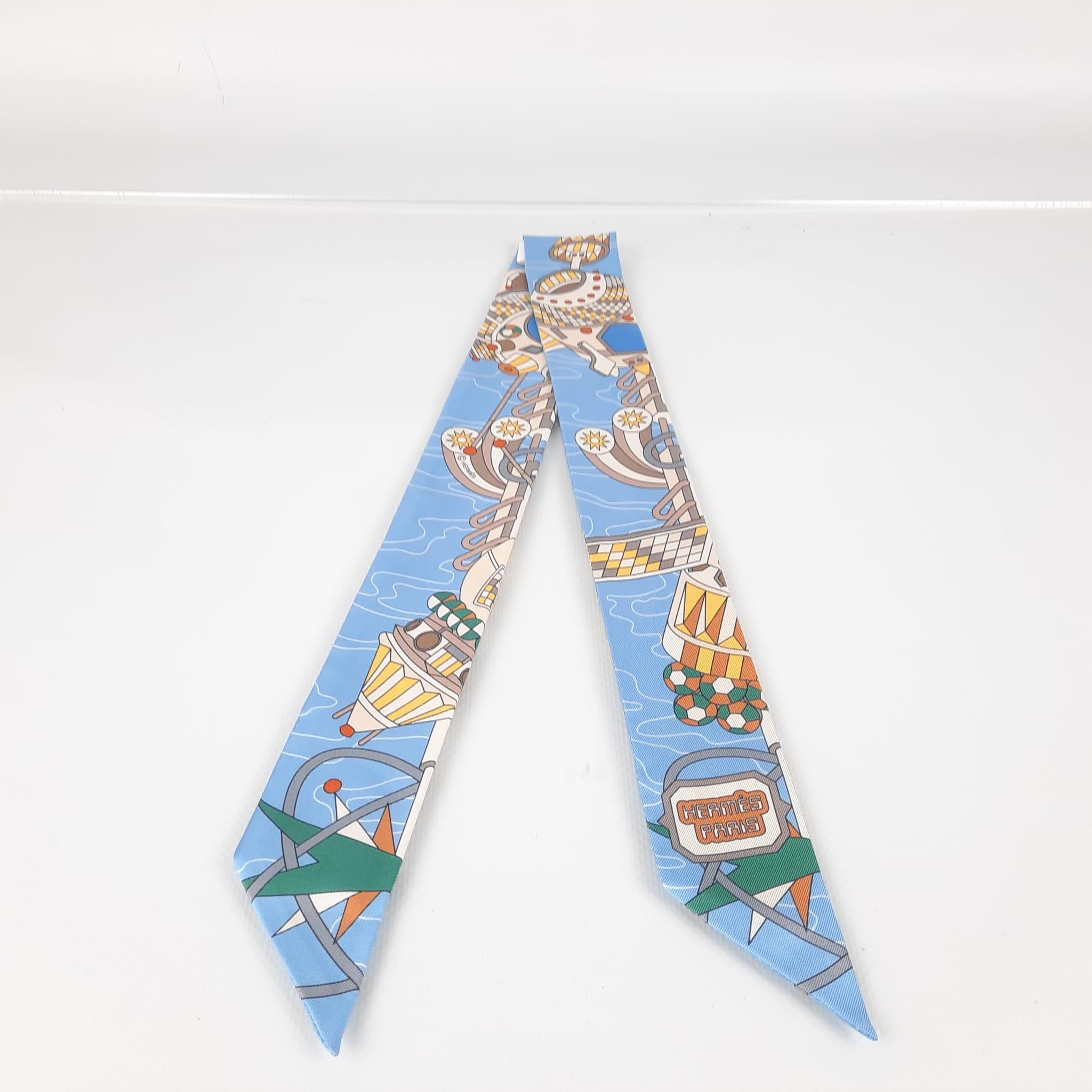 Hermes Twilly Hermes Scarf Odyssey Beige Sky Blue Bright Yellow Silk ...