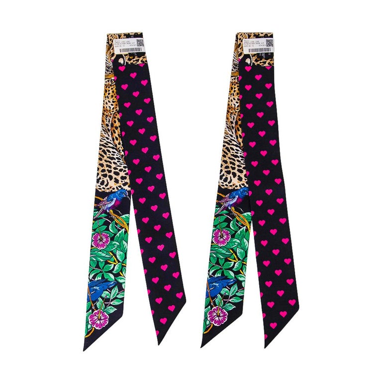 Hermes Twilly Jungle Love Love Noir / Vert / Rose Vif Set of 2 New w ...