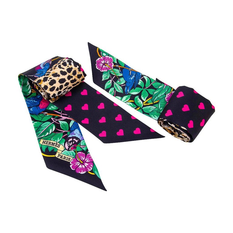 Hermes Twilly Jungle Love Love Noir / Vert / Rose Vif Set of 2 New w ...