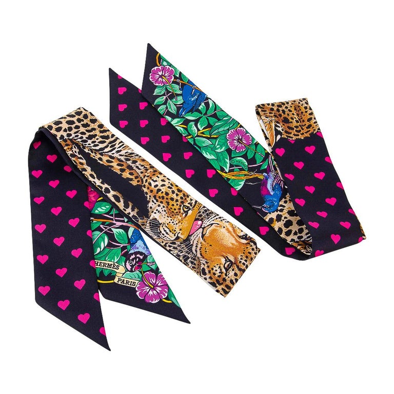 Hermes Twilly Jungle Love Love Noir / Vert / Rose Vif Set of 2 New w ...