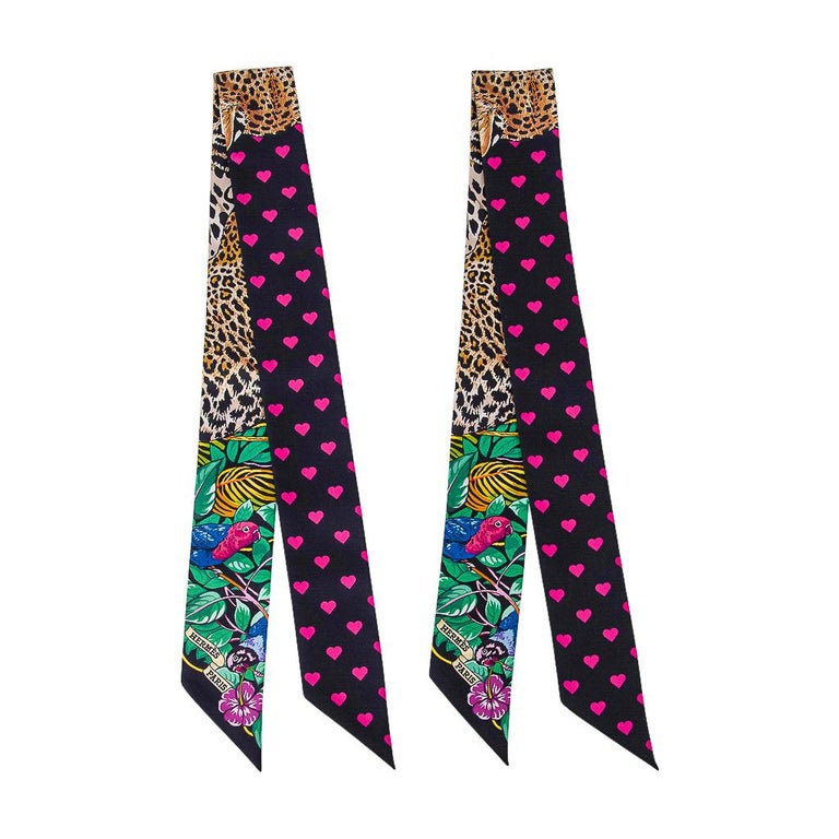 Hermes Twilly Jungle Love Love Noir / Vert / Rose Vif Set of 2 New w ...
