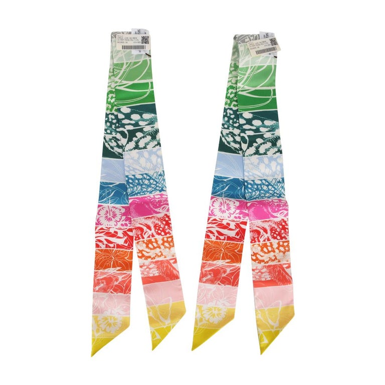 Hermes Twilly Jungle Love Rainbow Vert Rose Multicolore Set of 2 New w ...