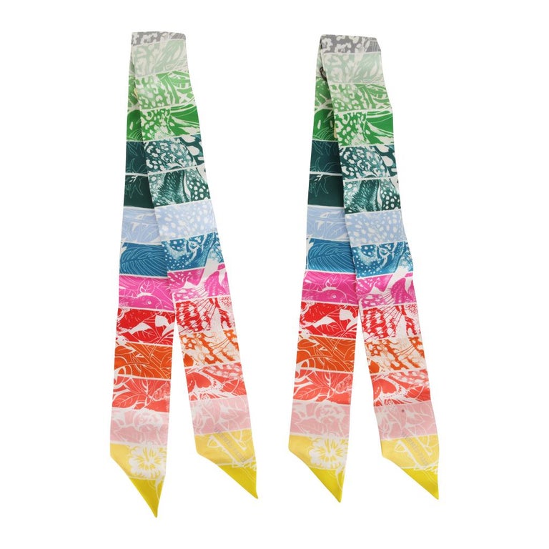 Hermes Twilly Jungle Love Rainbow Vert Rose Multicolore Set of 2 New w ...
