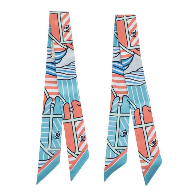 Hermes Twilly Quadrige Bayadere Aqua Vieux Rose Blue Jean Set of 2 at ...