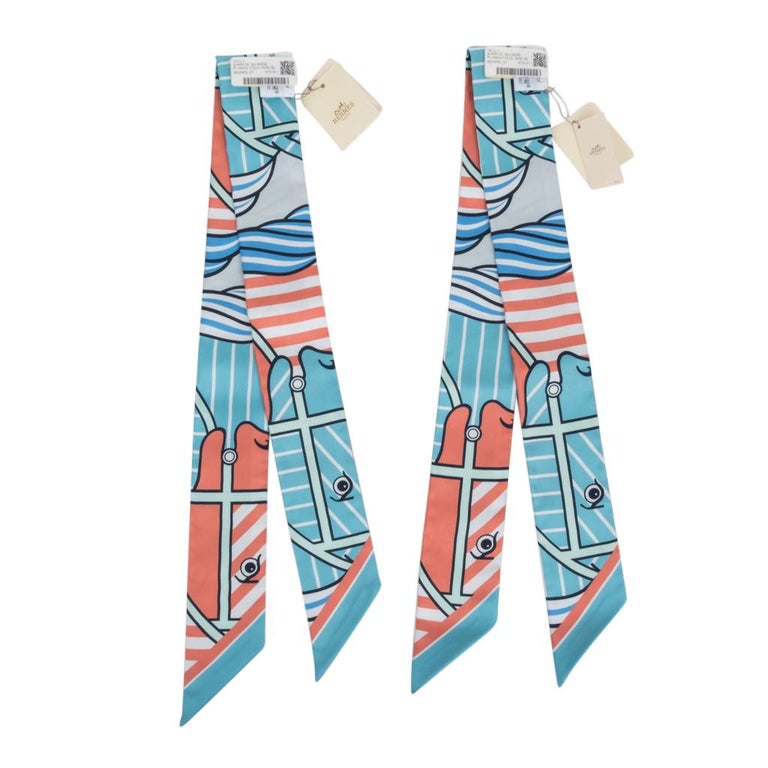 Hermes Twilly Quadrige Bayadere Aqua Vieux Rose Blue Jean Set of 2 at ...