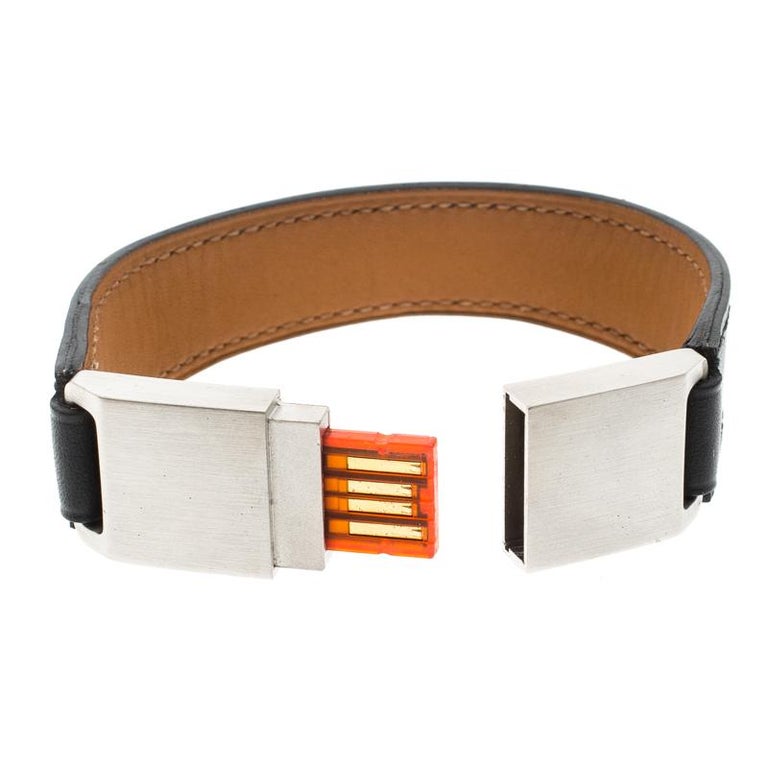 Hermes USB Flash Drive Black Leather Silver Tone Bracelet at 1stDibs