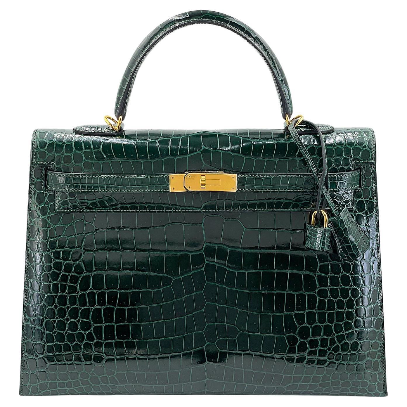 Hermès Vert Cypress Shiny Niloticus Crocodile Kelly Sellier 35cm GHW Green 68511 For Sale at 1stDibs