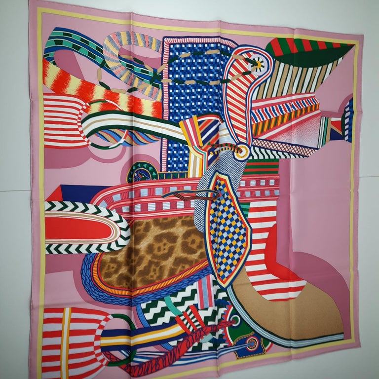 Hermes Vieux Rose / Vert / Rouge La Selle Imaginaire scarf 90 For Sale ...