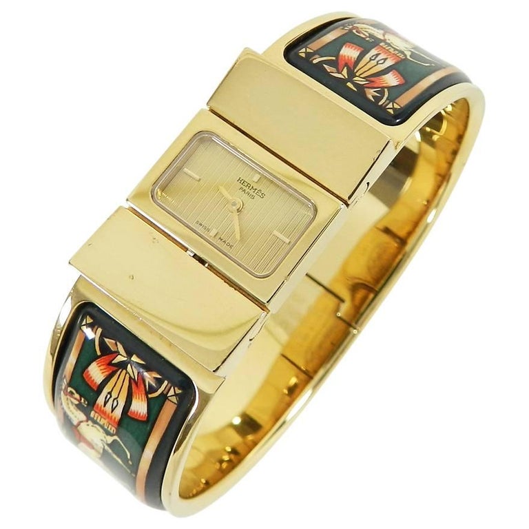 Hermes Ladies Gold Plated Green Enamel Vintage Loquet Wristwatch, Circa ...