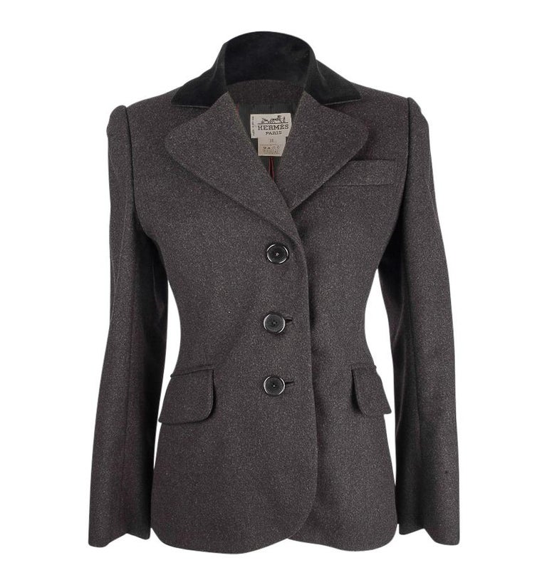 Hermes Vintage Jacket Charcoal Cashmere Velvet Collar Rear Keyhole Vent ...