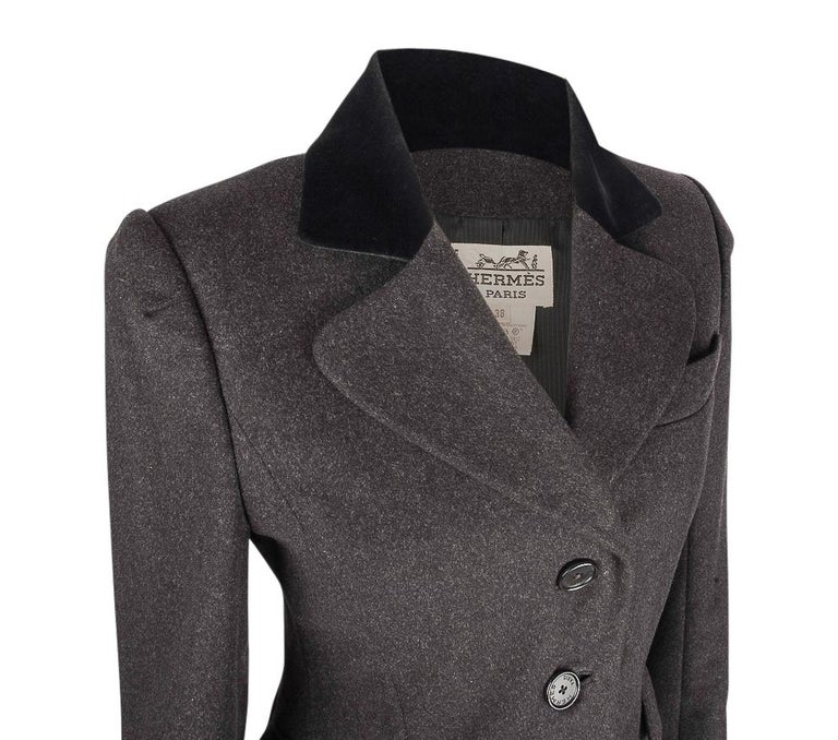 Hermes Vintage Jacket Charcoal Cashmere Velvet Collar Rear Keyhole Vent ...