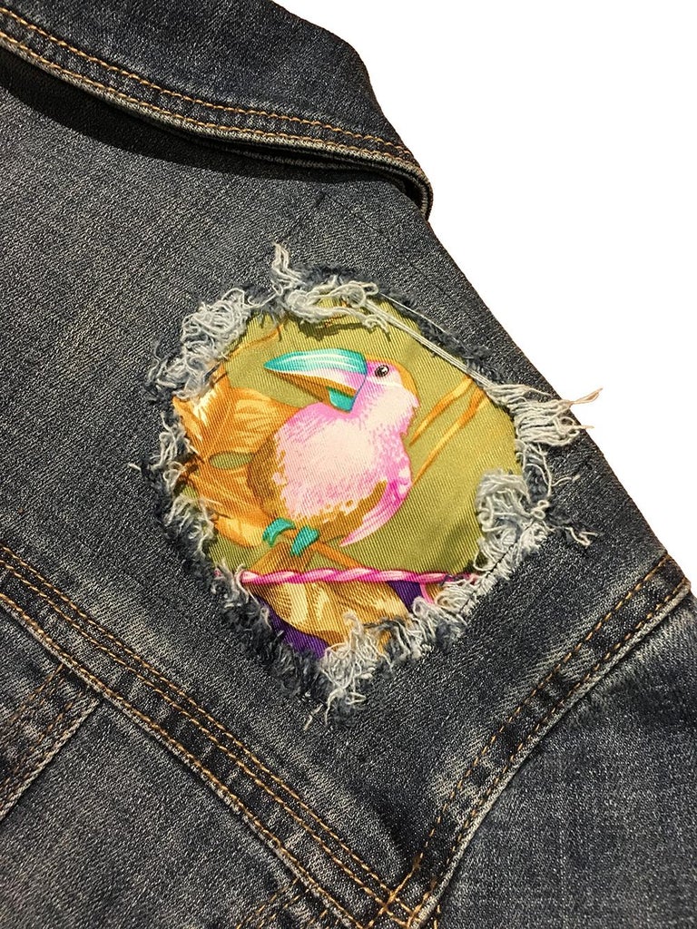 Hermes Vintage Tropiques Silk Scarf Distressed Denim Jacket - Medium at ...