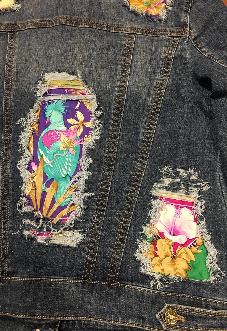 Hermes Vintage Tropiques Silk Scarf Distressed Denim Jacket - Medium at ...