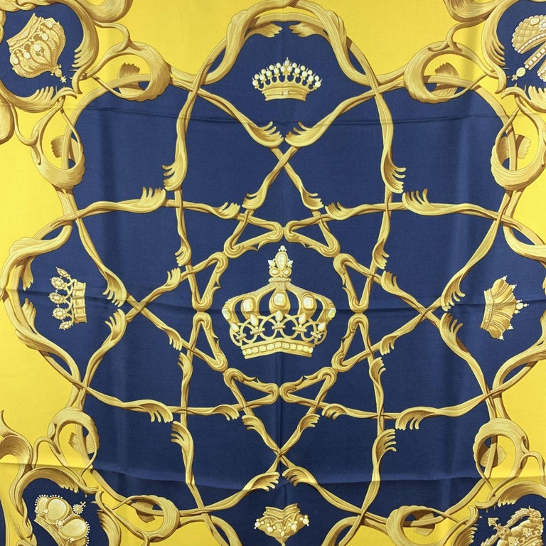 Hermes Vintage Yellow and Blue Silk Scarf Couronnes Crowns 1969 Abadie ...