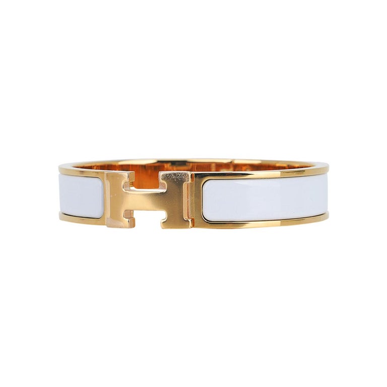 Hermes White Clic Clac H Narrow Enamel Bracelet Gold PM For Sale at 1stDibs
