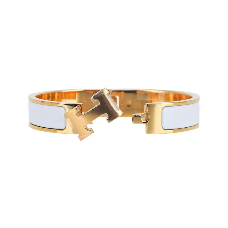 Hermes White Clic Clac H Narrow Enamel Bracelet Gold PM For Sale at 1stDibs