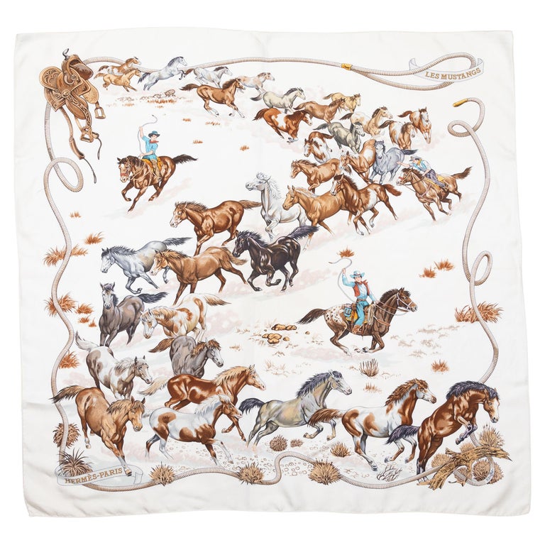 Hermes White and Multicolour Les Mustangs Silk Scarf For Sale at 1stDibs