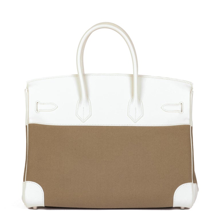 Hermès White Swift Leather and Olive Toile Canvas Birkin 35cm Retourne ...