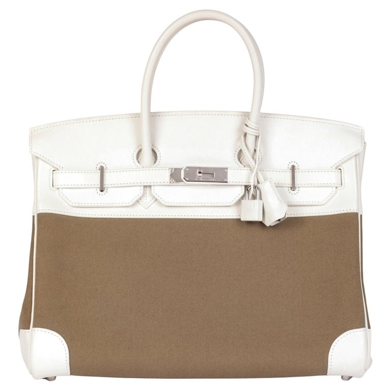 Hermès White Swift Leather and Olive Toile Canvas Birkin 35cm Retourne ...
