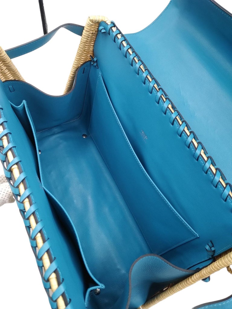 Hermès Wicker and Turquoise Barenia Leather Picnic Bag Kelly 35cm For ...