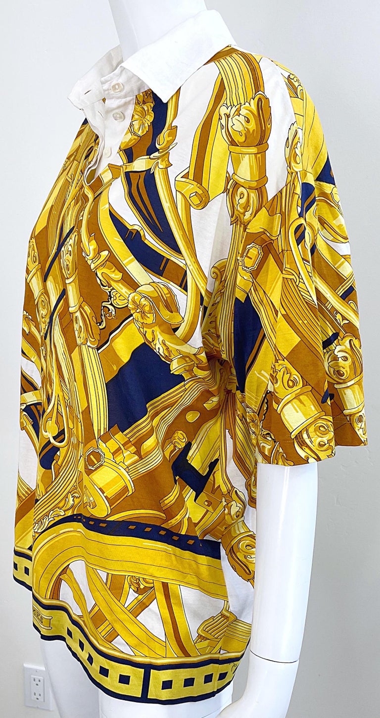 Hermes Women’s XL 1990s Rythmes Gold Navy Nautical Vintage 90s Polo ...