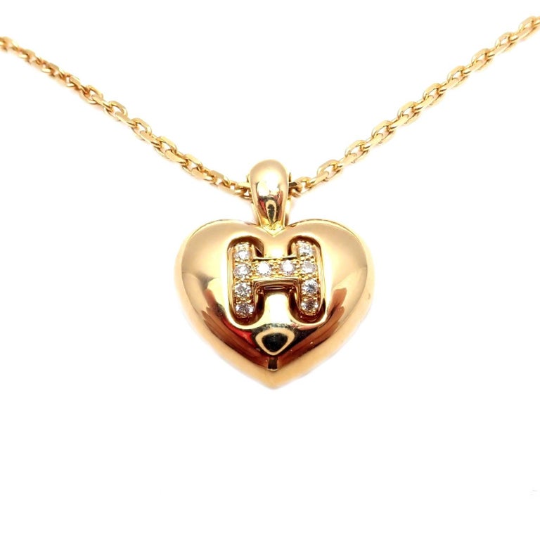 Hermès Yellow Gold Diamond H Heart Pendant Necklace For Sale at 1stDibs