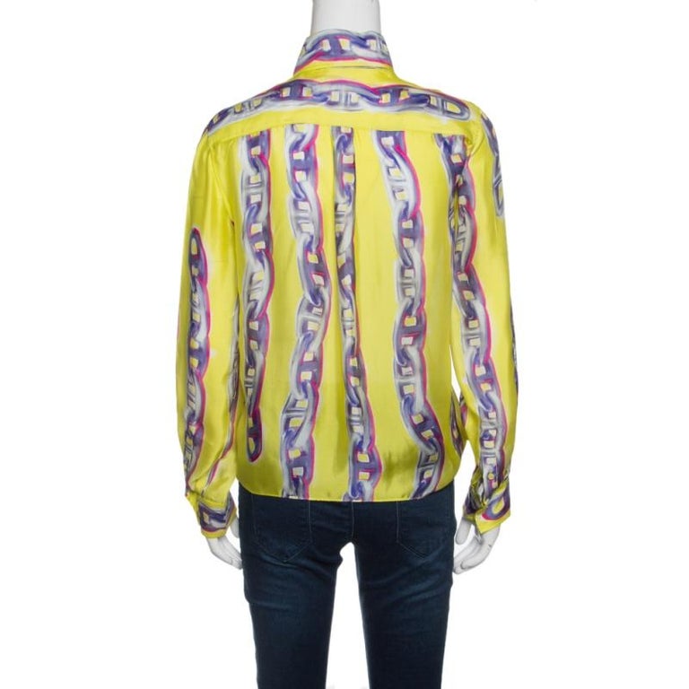 Hermes Yellow Silk Chain Printed Front Tie Long Sleeve Shirt S For Sale ...