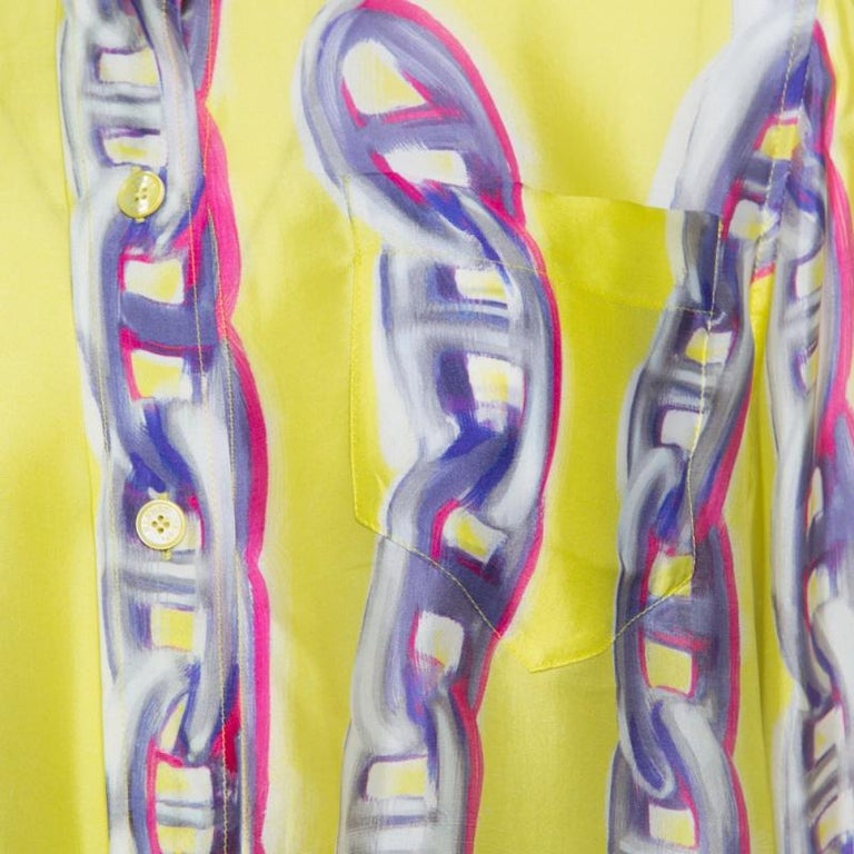 Hermes Yellow Silk Chain Printed Front Tie Long Sleeve Shirt S For Sale ...