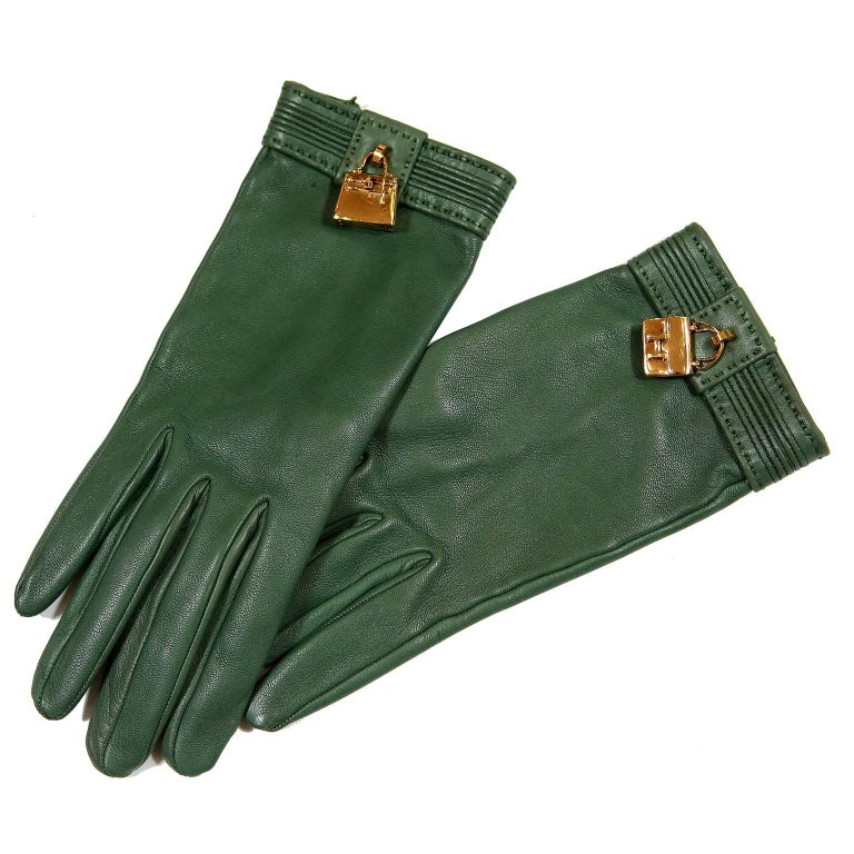 Hermès Green Leather Gloves with Bag Charms size 6.5 at 1stDibs | dark ...