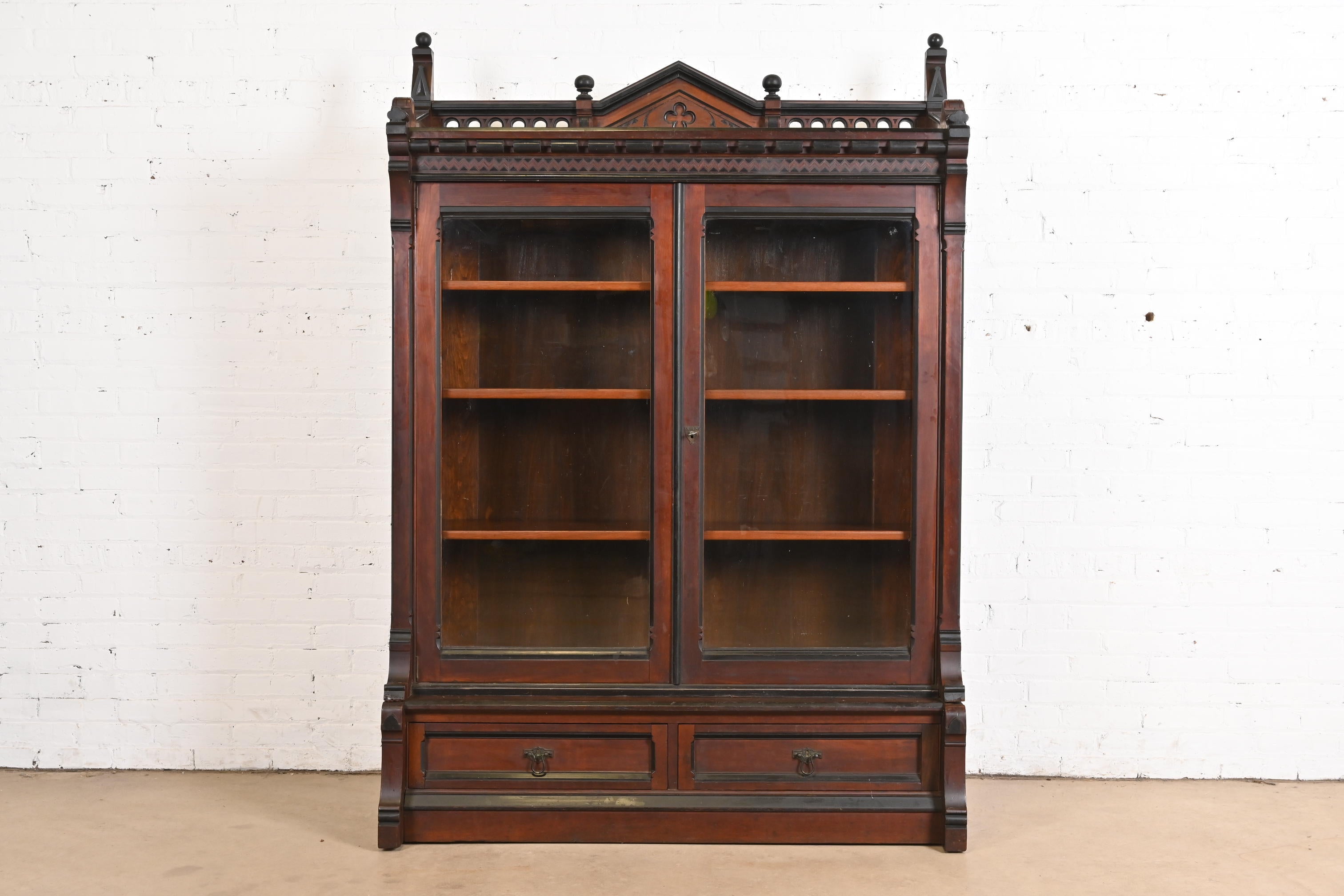 Herter Brothers Style Antique Eastlake Victorian Carved Walnut Bookcase ...