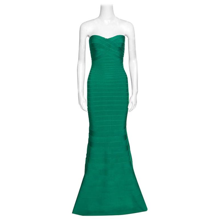 Herve Leger Green Opal Strapless Sara Bandage Gown XS For Sale at 1stDibs