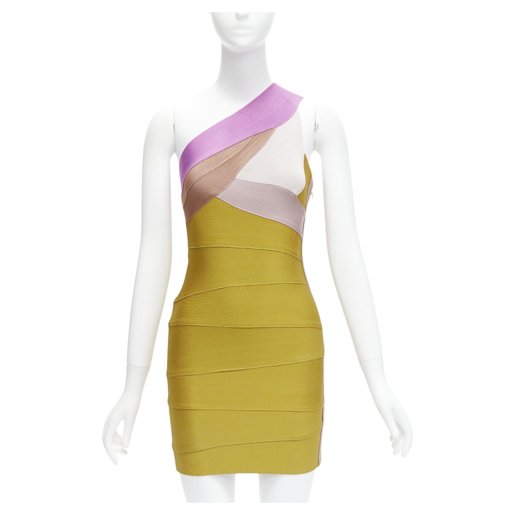 HERVE LEGER mustard yellow colorblock one shoulder bodycon bandage ...