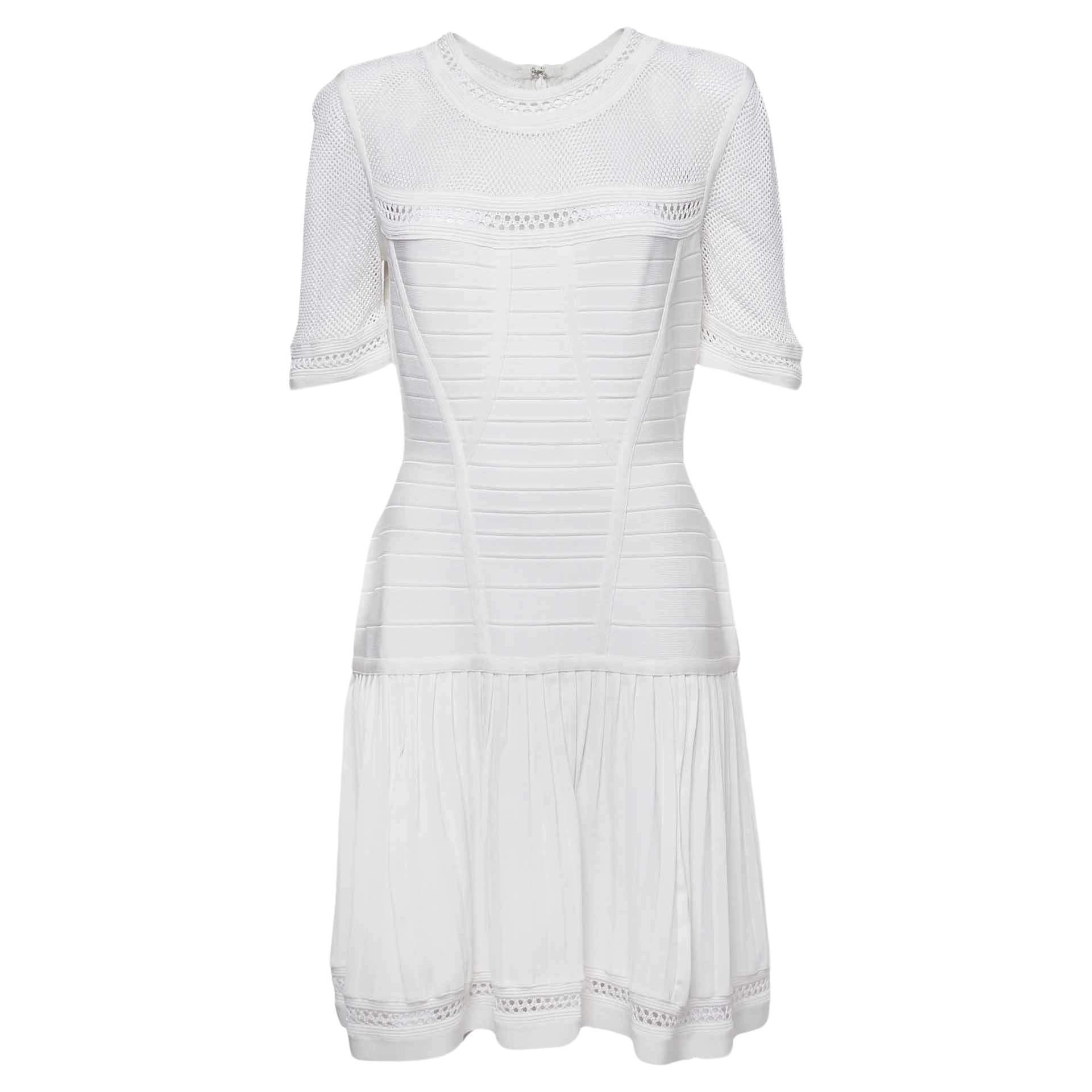 Herve Leger White Bandage Knit Pleated Haylynn Dress L For Sale at 1stDibs