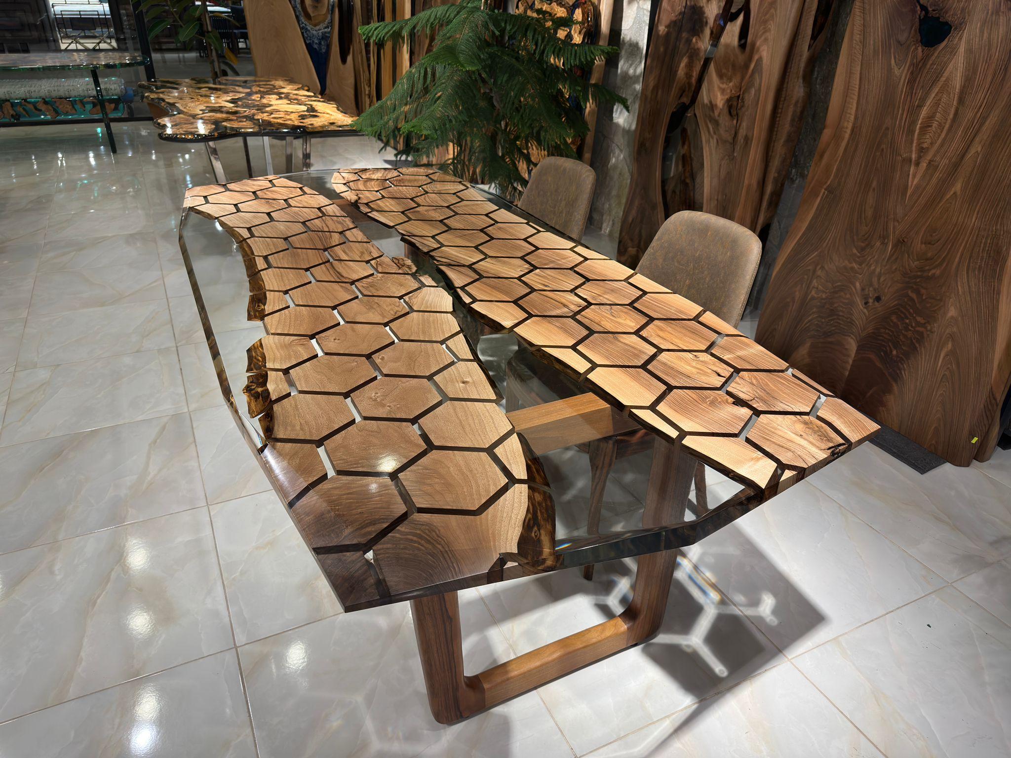 Hexagon Epoxy Resin Clear Dining Table - Geometrical Epoxy Table For ...