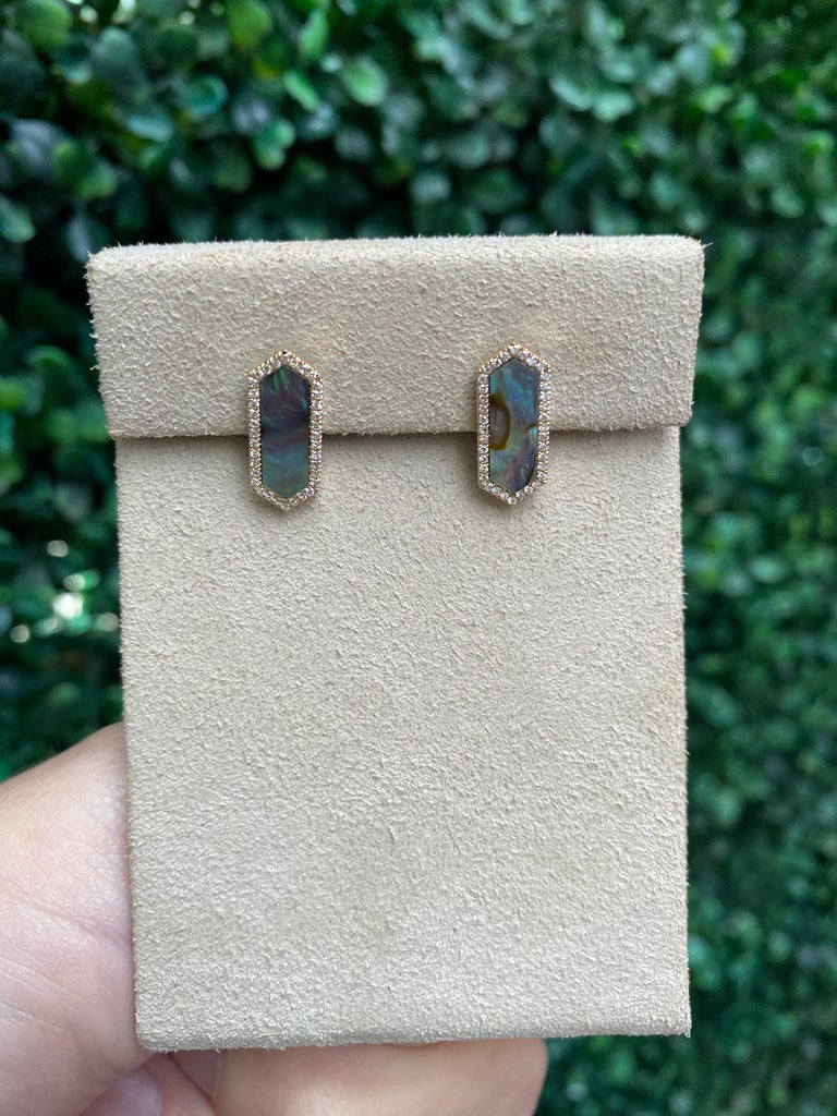 Hexagon Shaped Abalone Shell and 0.16ctw Diamond Halo Yellow Gold Stud ...