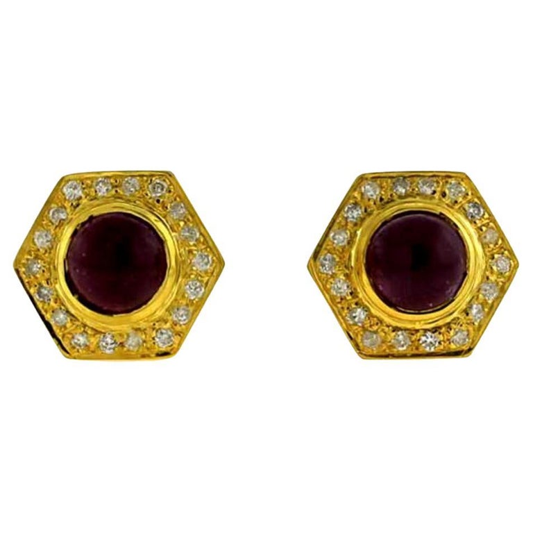 Hexagon Shaped Ruby Stud Earrings with Diamonds Made in 18k Yellow Gold ...