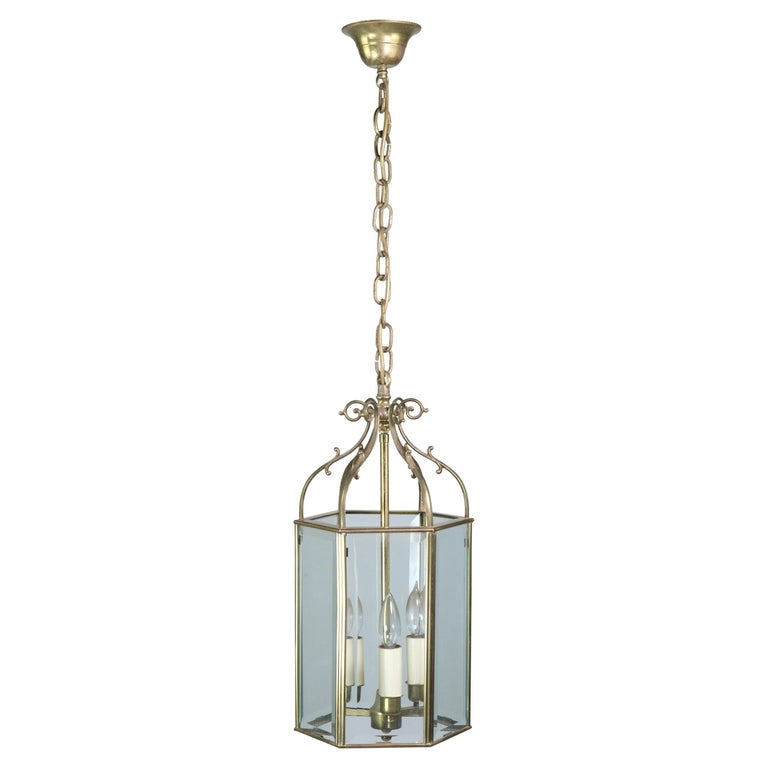 Hexagon Style Brass Beveled Glass Lantern Pendant Light For Sale at 1stDibs