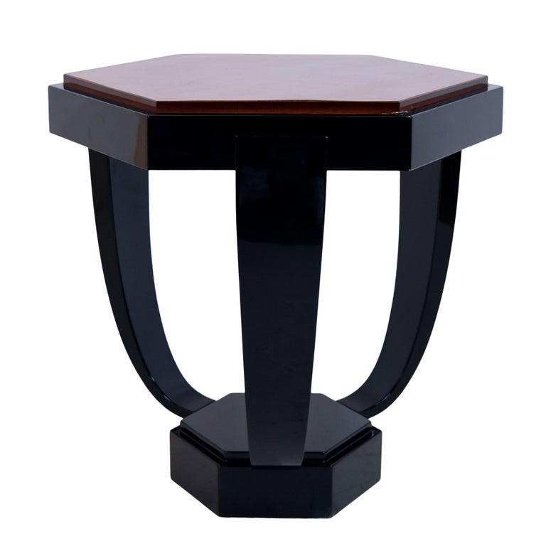 Hexagonal Art Deco Side Table with Thick Orange Saint-Gobain Glass Top ...