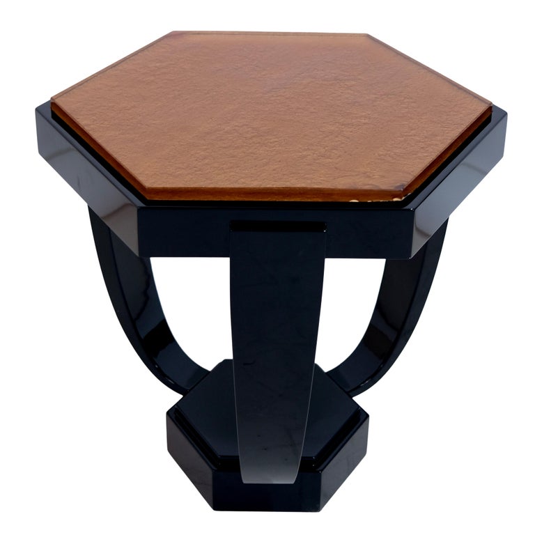 Hexagonal Art Deco Side Table with Thick Orange Saint-Gobain Glass Top ...