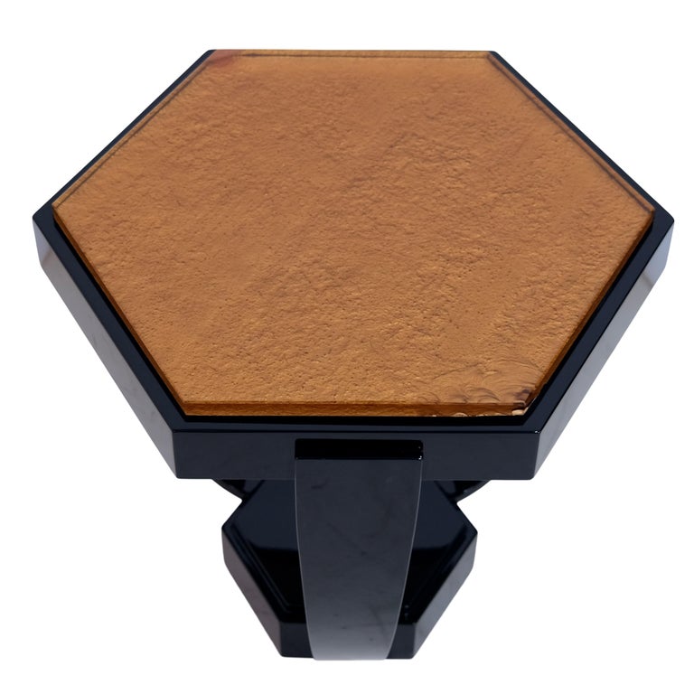 Hexagonal Art Deco Side Table with Thick Orange Saint-Gobain Glass Top ...