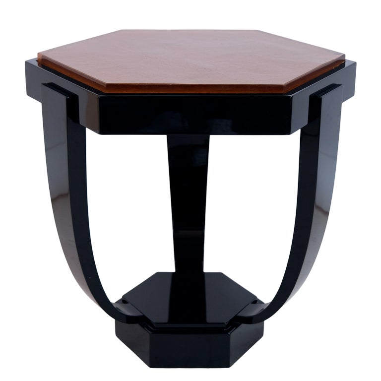 Hexagonal Art Deco Side Table with Thick Orange Saint-Gobain Glass Top ...