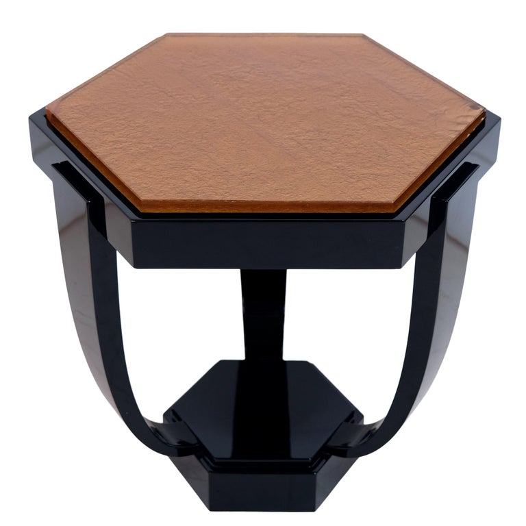 Hexagonal Art Deco Side Table with Thick Orange Saint-Gobain Glass Top ...
