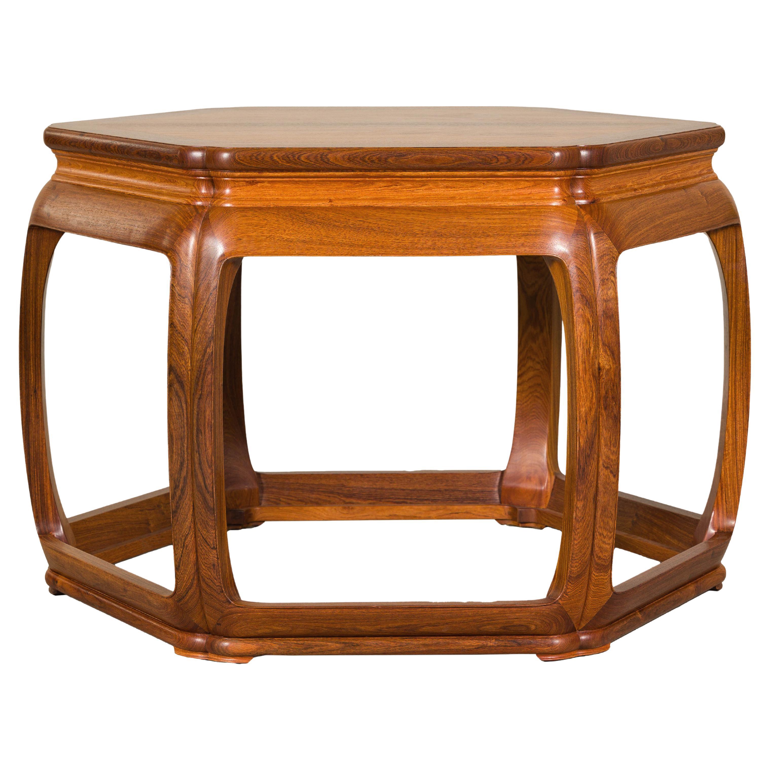 Hexagonal Elm Wood Center Table with Sculptural Open Frame Design For ...