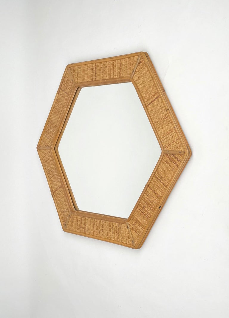 Hexagonal Rattan Wall Mirror, Italy, 1970s at 1stDibs