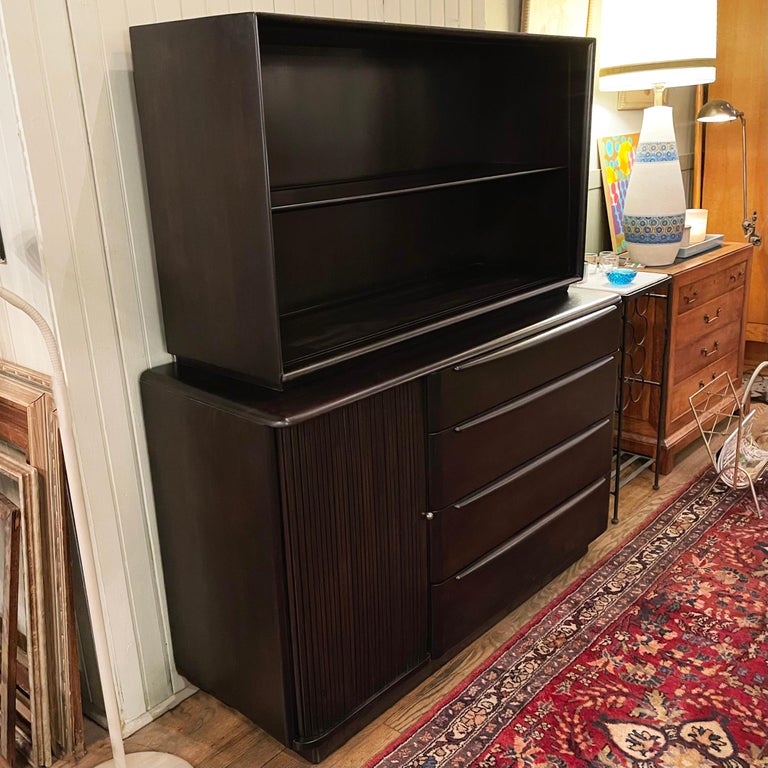 Heywood Wakefield Ebonized Maple Tambour Credenza Hutch For Sale at 1stDibs