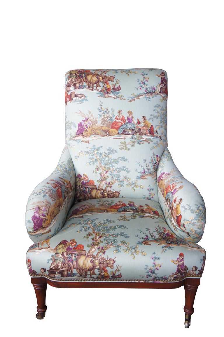 Hickory White Overstuffed Chair Rolled Arms Toile Fabric Corduroy Club ...