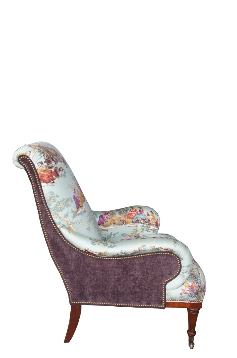 Hickory White Overstuffed Chair Rolled Arms Toile Fabric Corduroy Club ...