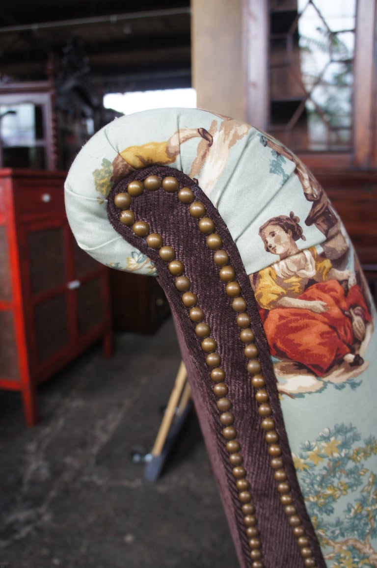 Hickory White Overstuffed Chair Rolled Arms Toile Fabric Corduroy Club ...